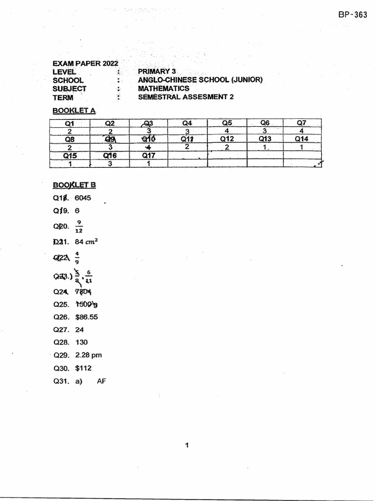 2022 P3 Maths SA2 ACSJ (Ans) | PDF