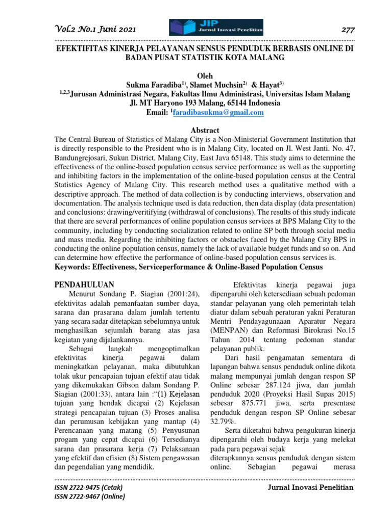 Efektifitas Kinerja Pelayanan Sensus Penduduk Berbasis Online Di Badan Pusat Statistik Kota ...
