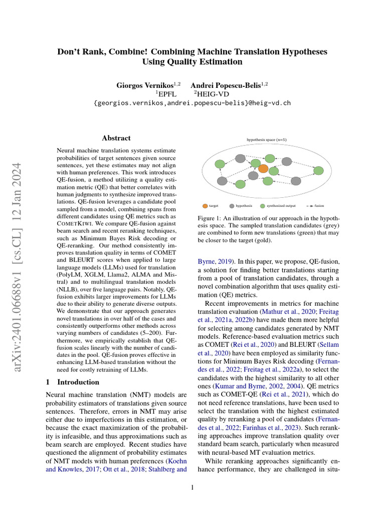Don't Rank, Combine! Combining Machine Translation Hypotheses Using Quality Estimation | PDF ...