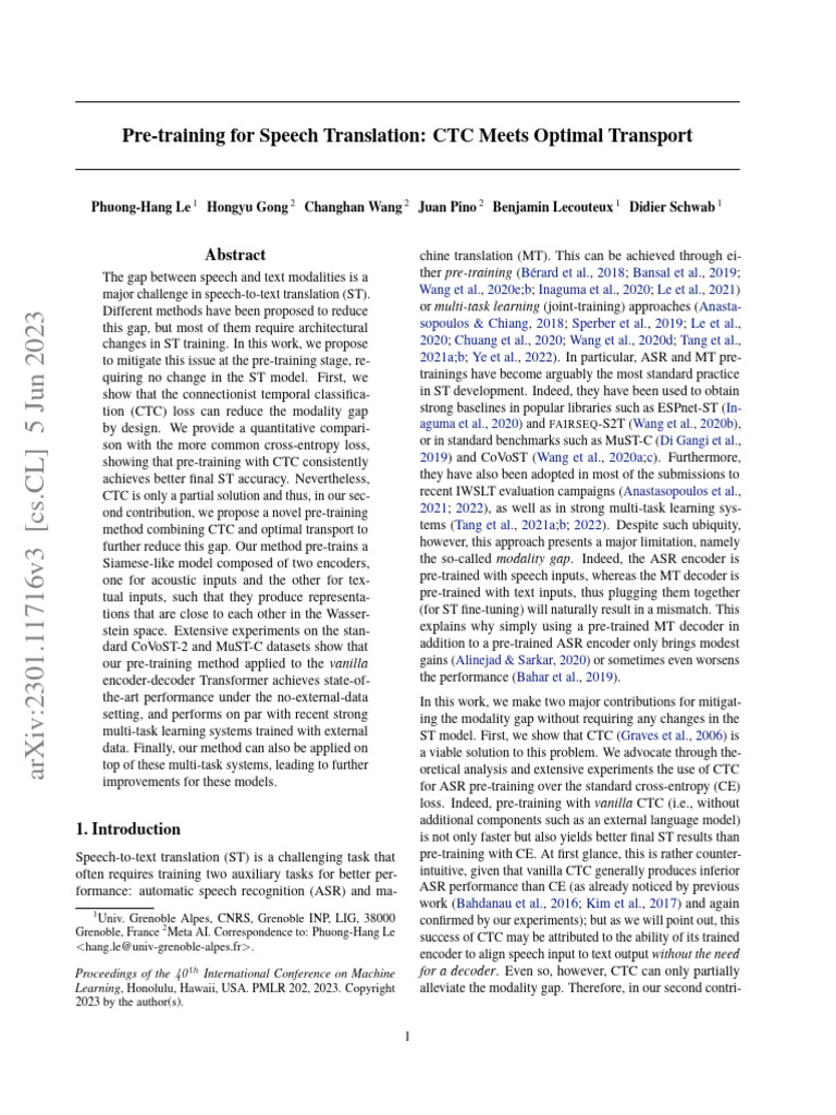 Pre-Training For Speech Translation: CTC Meets Optimal Transport | PDF ...