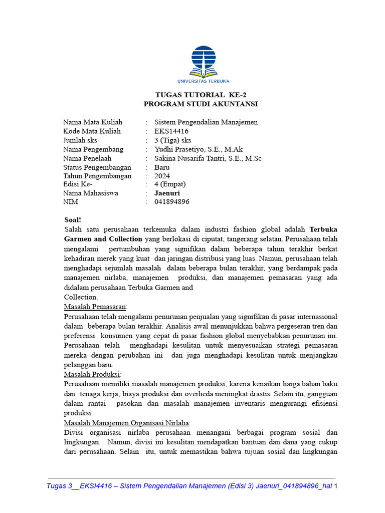 Tugas 3 - EKSI4416 - Sistem Pengendalian Manajemen (Edisi 3) - Jaenuri - 041894896 | PDF