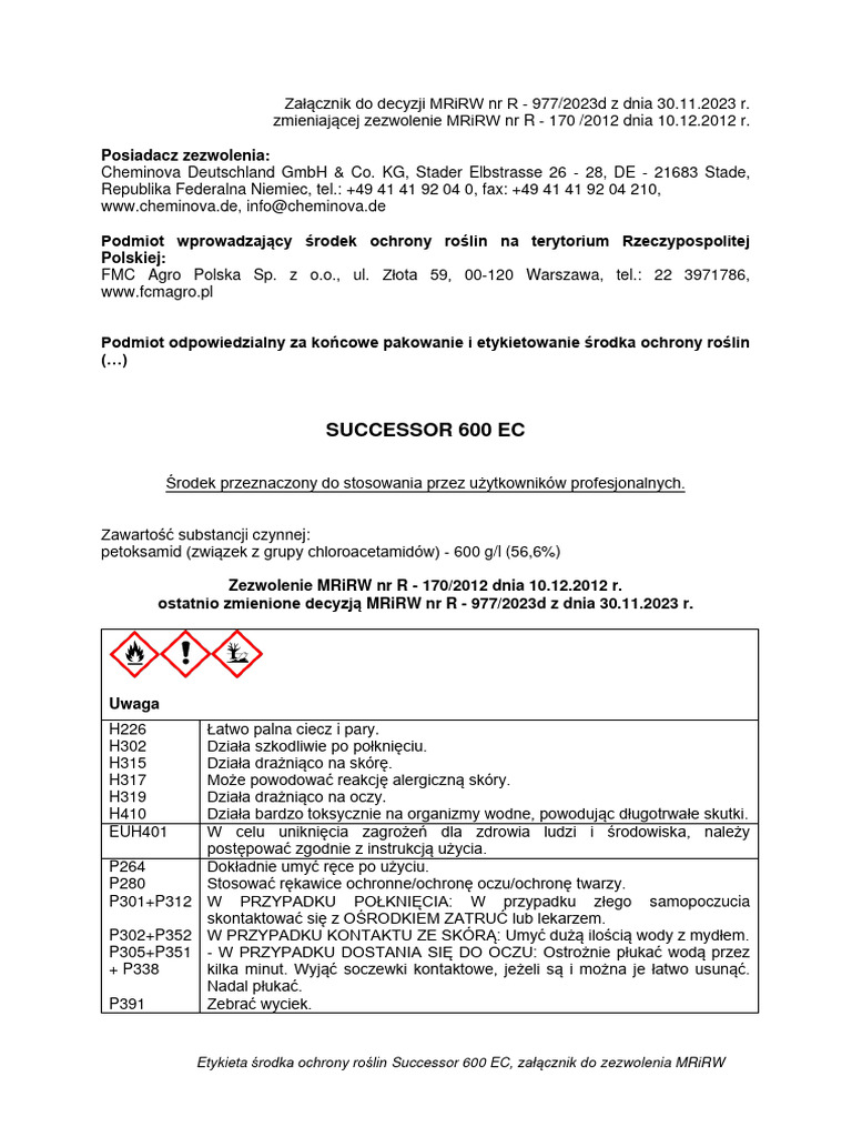 Successor 600 EC Etykieta | PDF