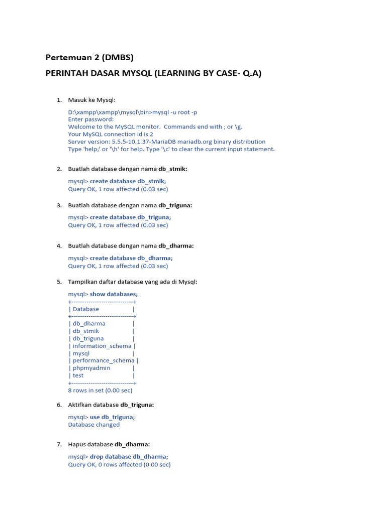Perintah Dasar MySQL untuk DBMS | PDF | Metode & Bahan Ajar | Teknologi ...