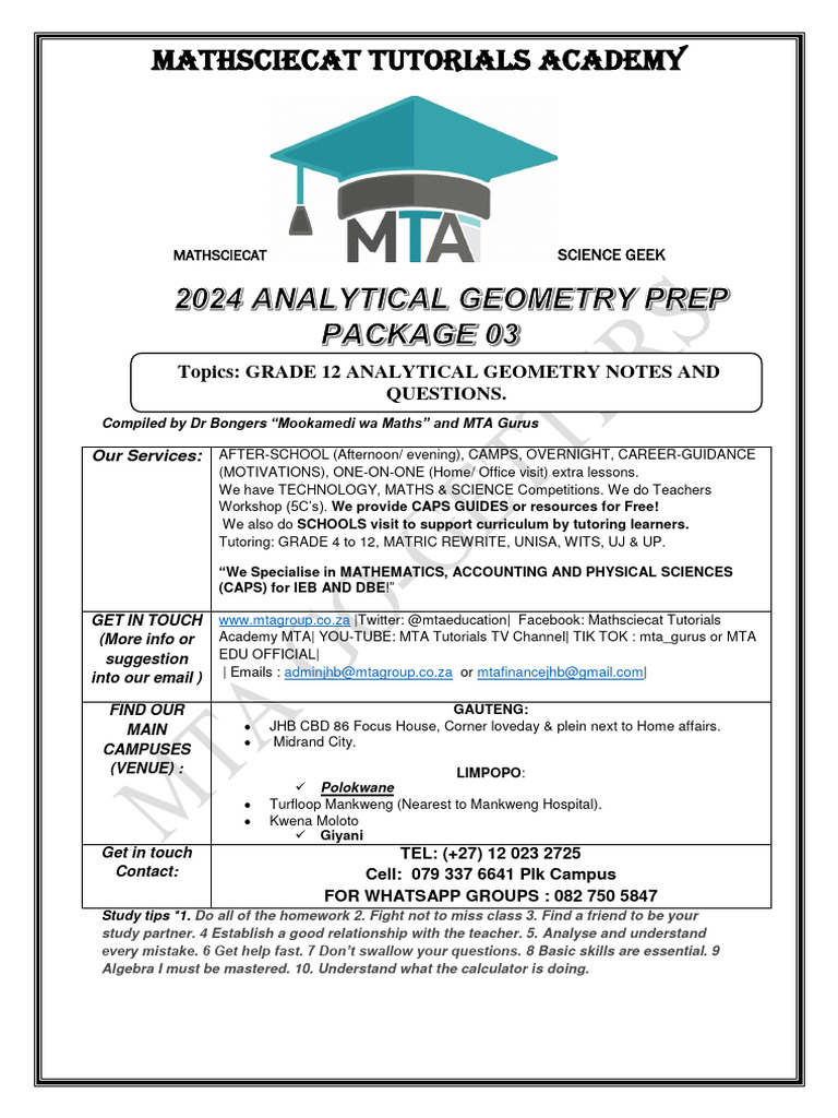 Grade 12 Analytical Geometry Notes | PDF | Circle | Line (Geometry)