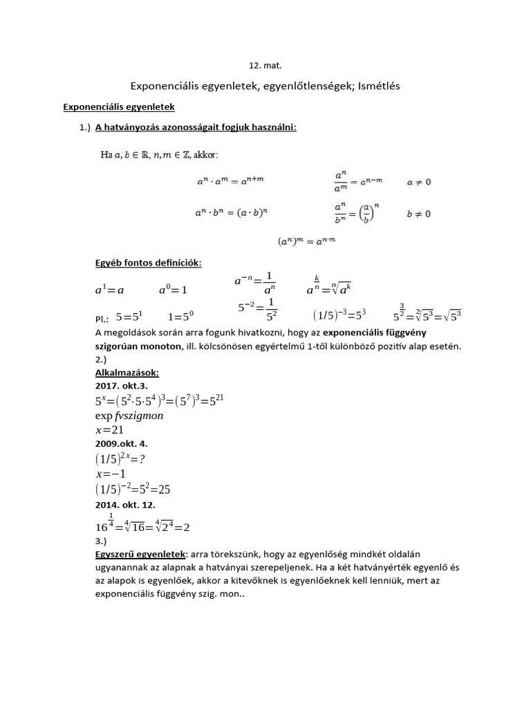 Mat. Exp. Egyenletek, Egyenlőtlenségek | PDF