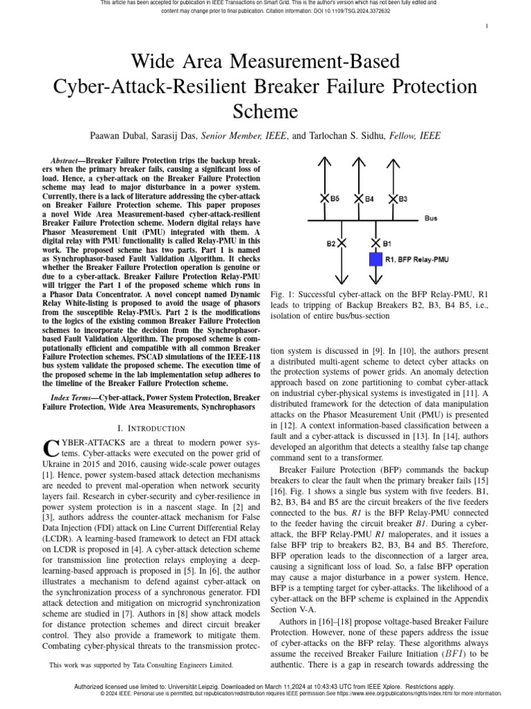 Wide Area Measurement-Based Cyber-Attack-Resilient Breaker Failure Protection Scheme | PDF ...