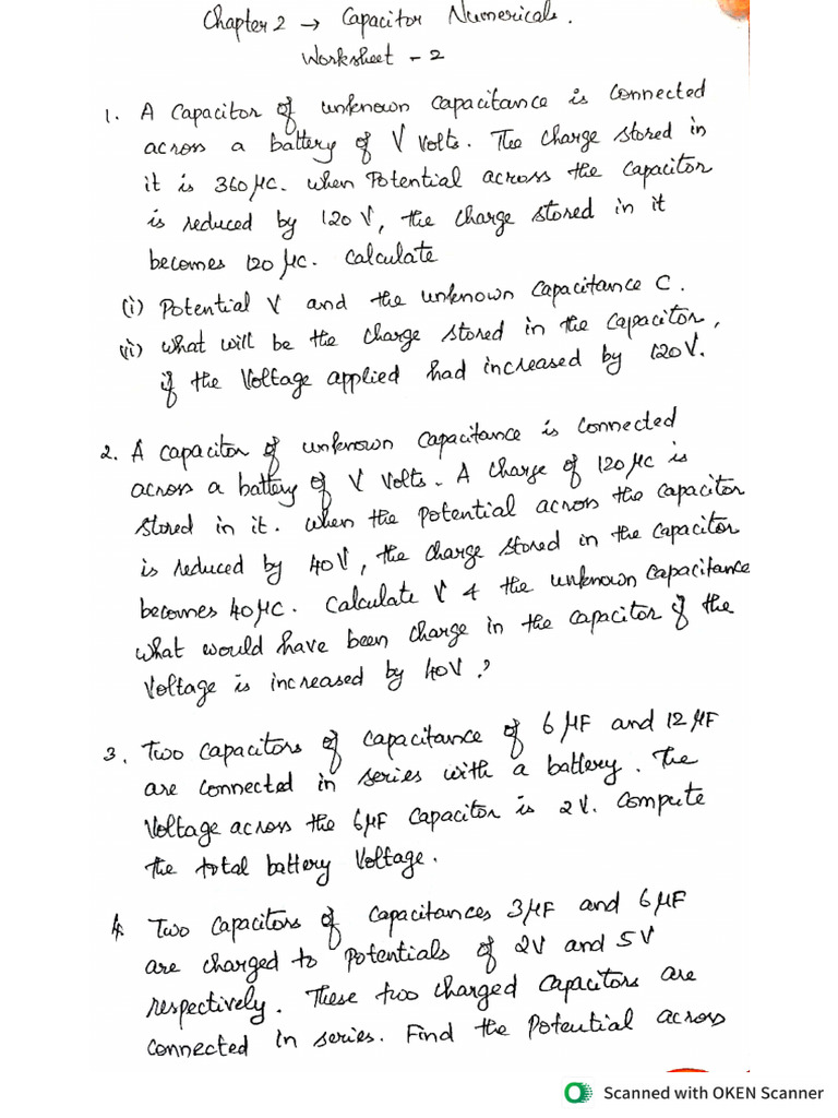 Chapter 2 Worksheet - Capacitor Numericals | PDF