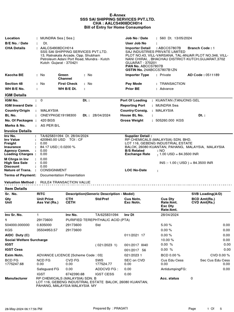 Import CheckList JobNo 560 DT 13-May-2024 | PDF