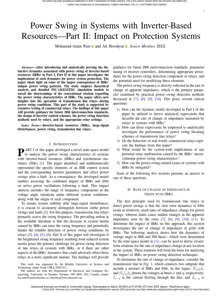 Power Swing in Systems With Inverter-Based ResourcesPart II Impact On ...