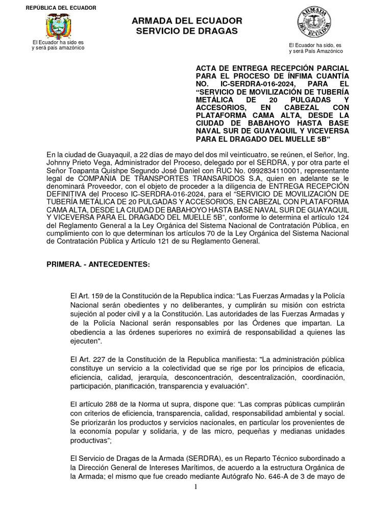 Acta Rep Parcial 1 Movilizacion Tuberia Bab Gye 2024-Ok | PDF | Ecuador ... Acta Rep Parcial 1 Movilizacion Tuberia Bab Gye 2024-Ok | PDF | Ecuador ...