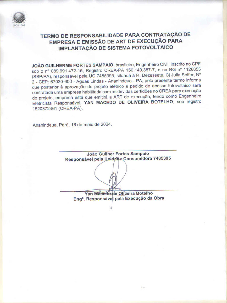 Termo De Responsabilidade Para Implatação De Sistema Fotovoltaico