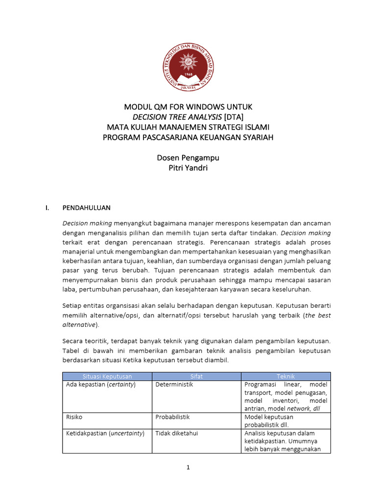 MODUL QM FOR WINDOWS UNTUK DECISION TREE ANALYSIS (1) | PDF