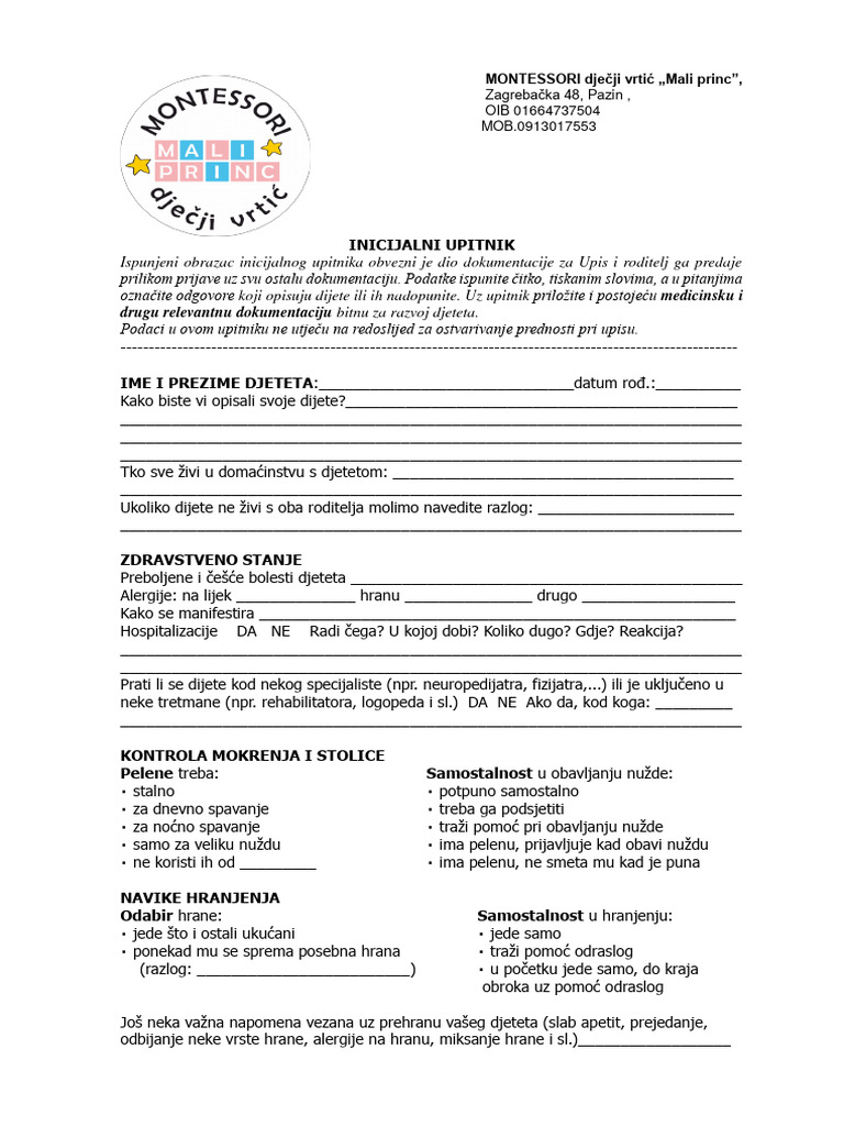 Inicijalni - Upitnik Za Montessori DV Mali Princ | PDF