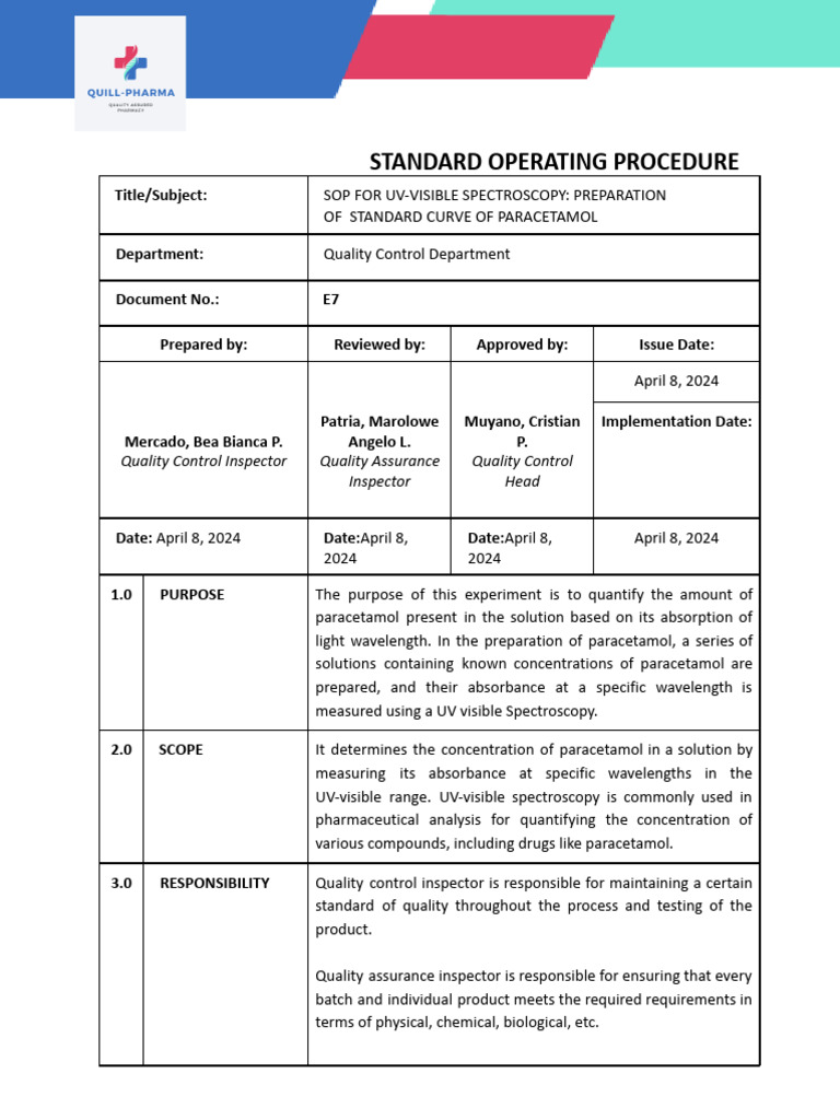 G8 - Exp 7 UV VISIBLE SPECTROSCOPY - PREPARATION OF STANDARD CURVE OF PARACETAMOL 2 | PDF ...
