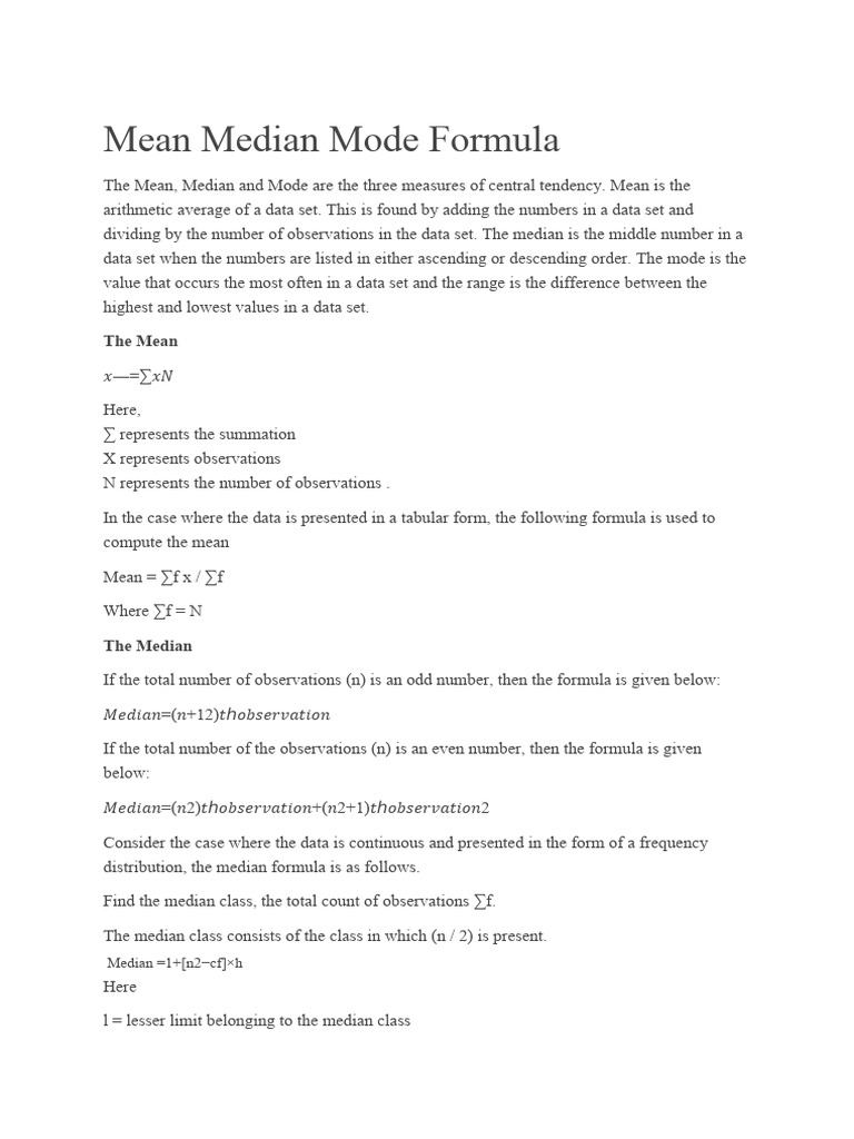 Mean Median Mode Formula | PDF | Mode (Statistics) | Mean