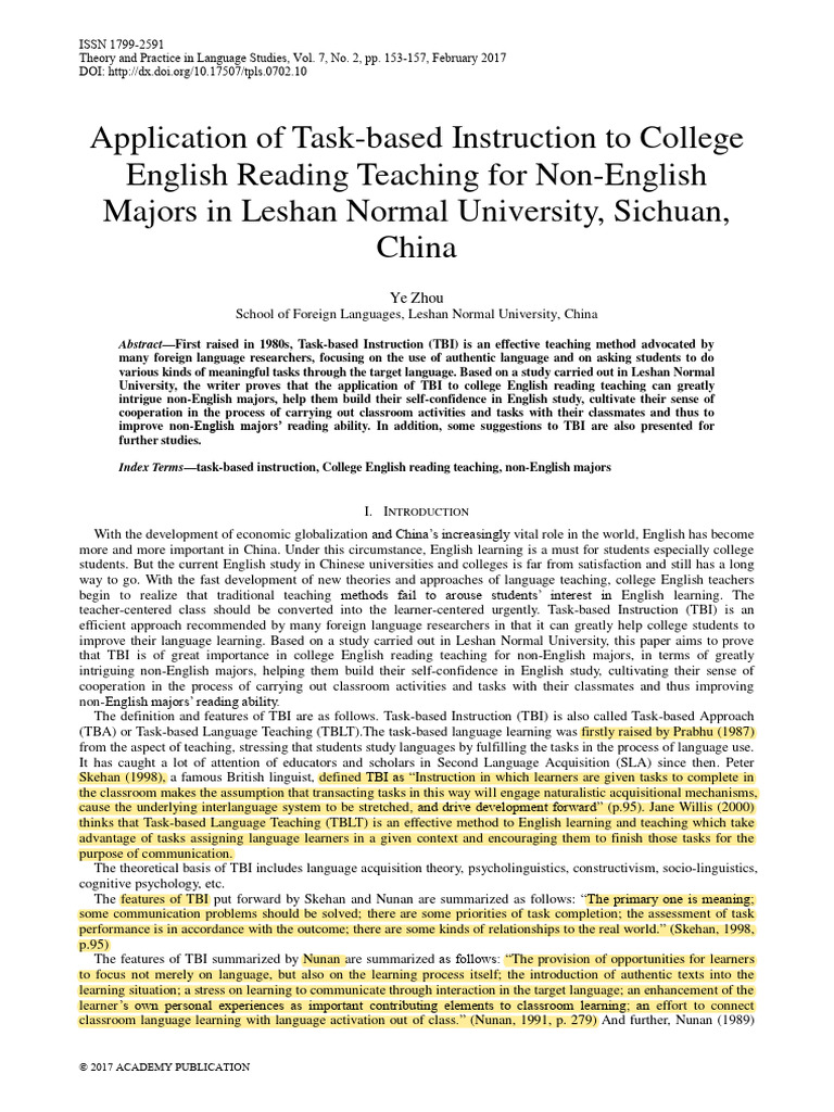 6 Application of Task-Based Instruction To College English Reading Teaching For Non-English ...