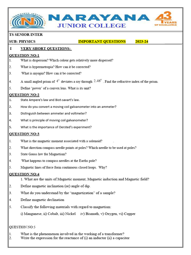 TS_SR_PHYSICS_IMP_QUESTIONS 2023-24 | Download Free PDF | Magnetic Field | Inductance