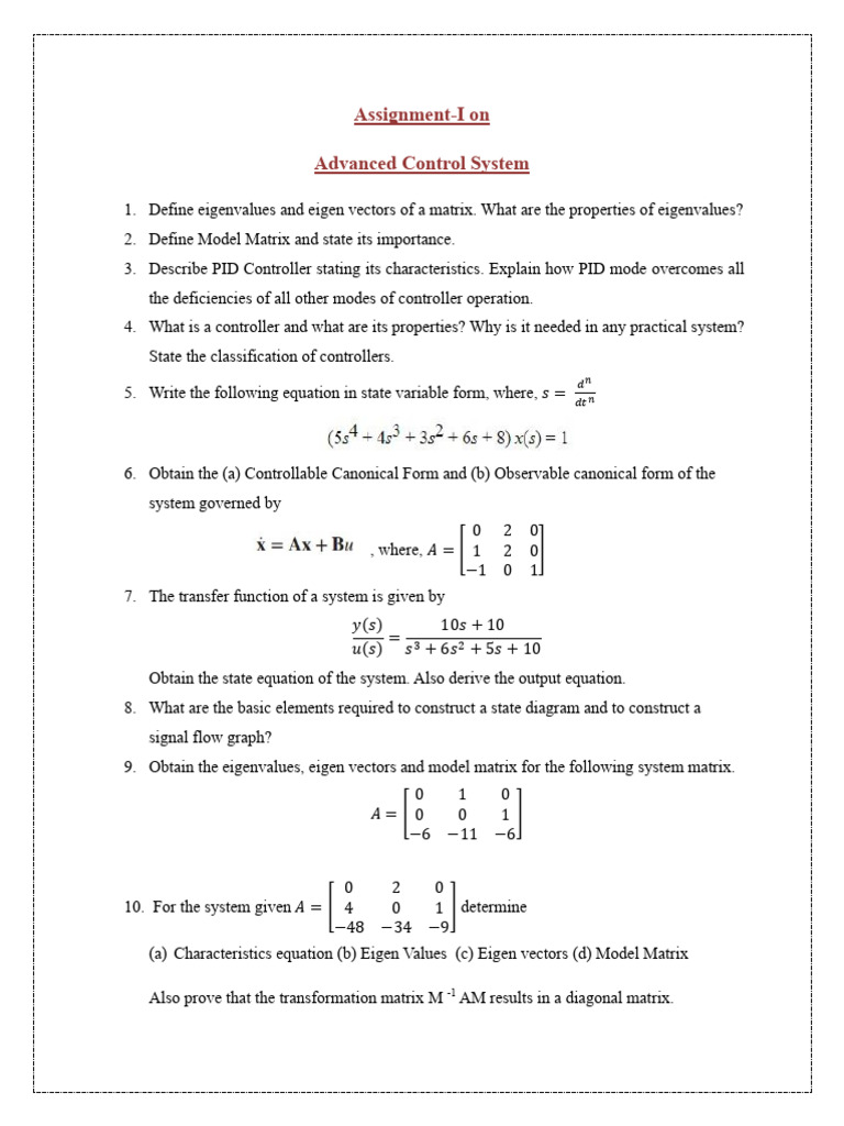 Assignment-I Adv Control System 2023 | PDF | Eigenvalues And ...