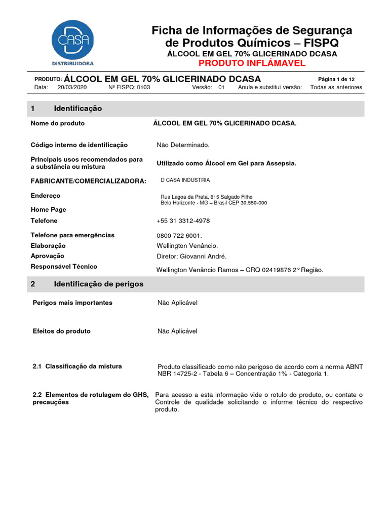 FISPQ - Alcool em Gel | PDF | Embalagem e rotulagem | Primeiros socorros