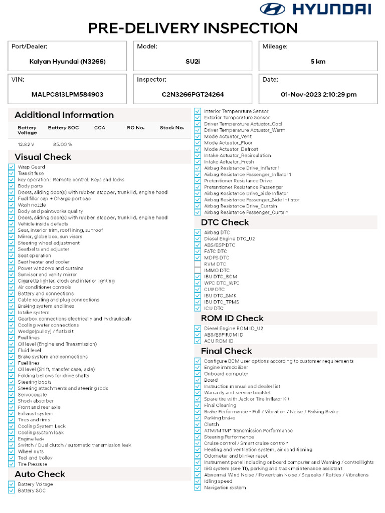 Hyundai Vehicles PDI Report | PDF