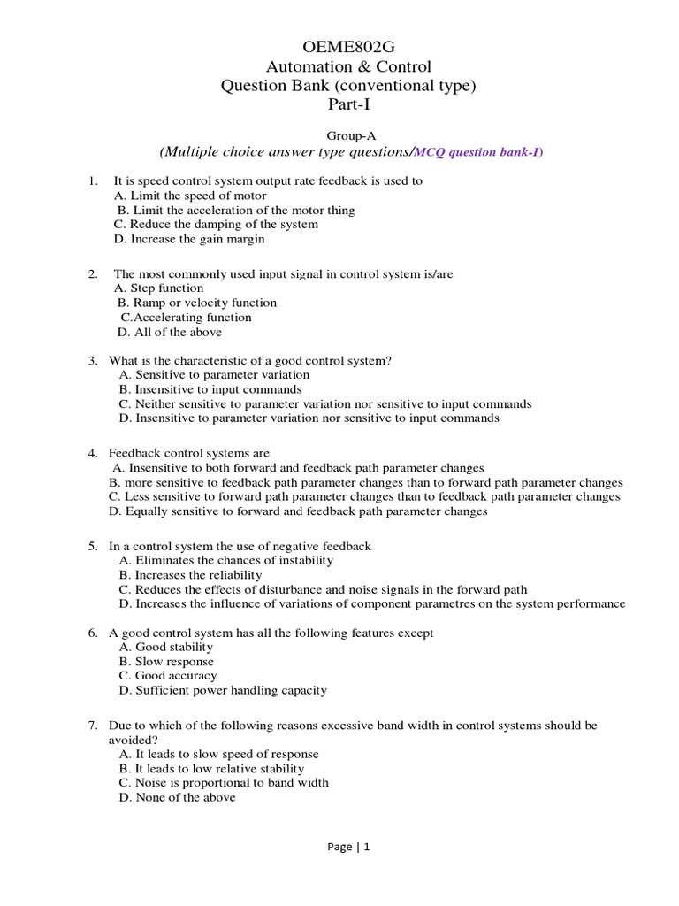 OEME802G Automation&Control conventional-QB | PDF | Control Theory ...