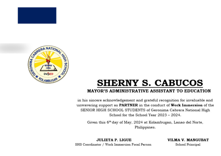 Work Immersion Acknowledgment 2024 | PDF
