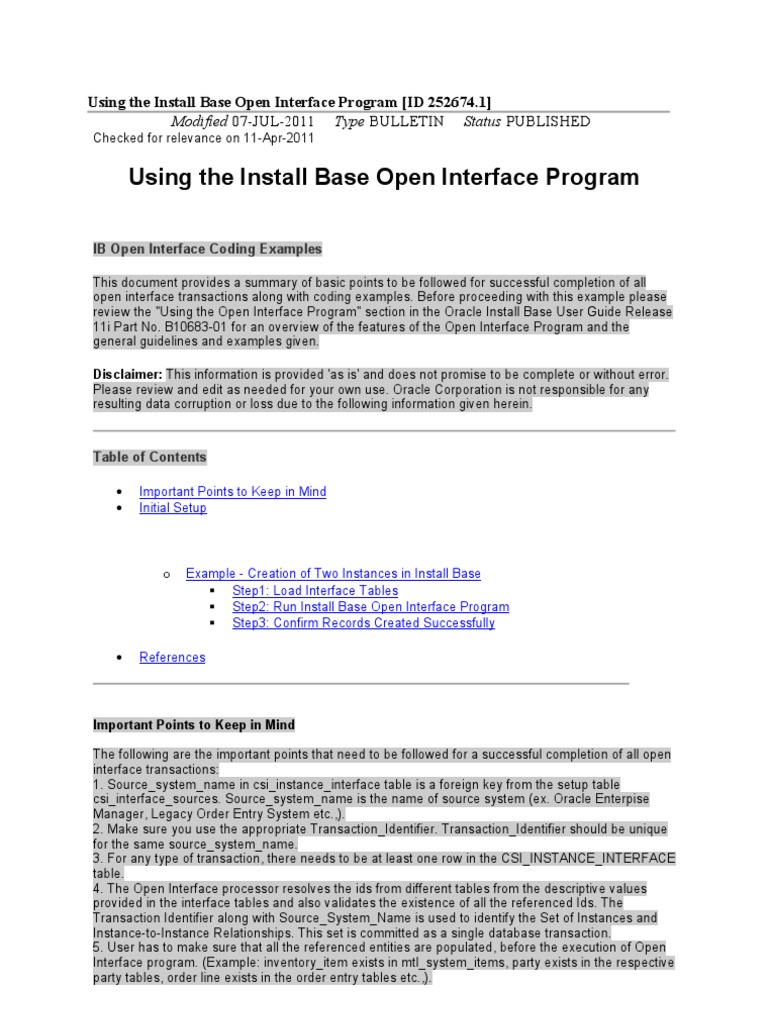 Install Base Open Interface Pdf Oracle Database Computer Programming