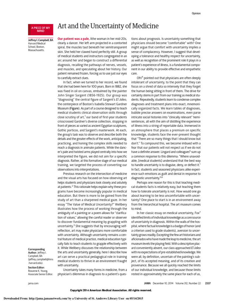 2014 - Uncertainty and The Art of Medicine | PDF | Medical Diagnosis ...