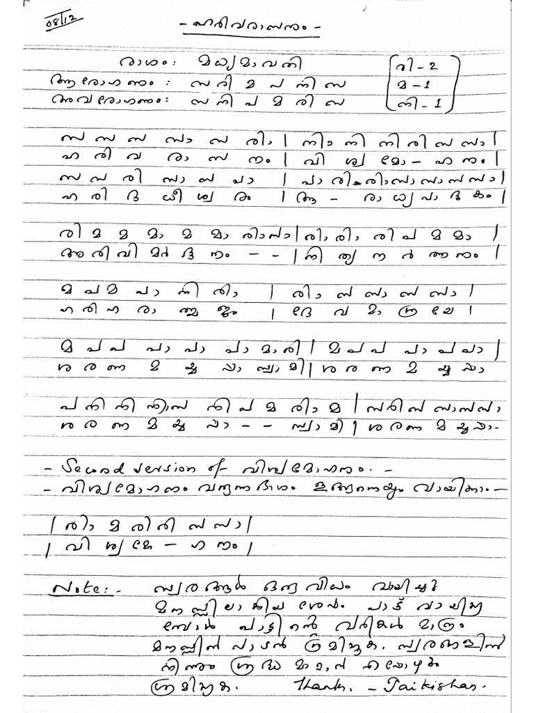 Harivarasanam Malayalam Notations | PDF