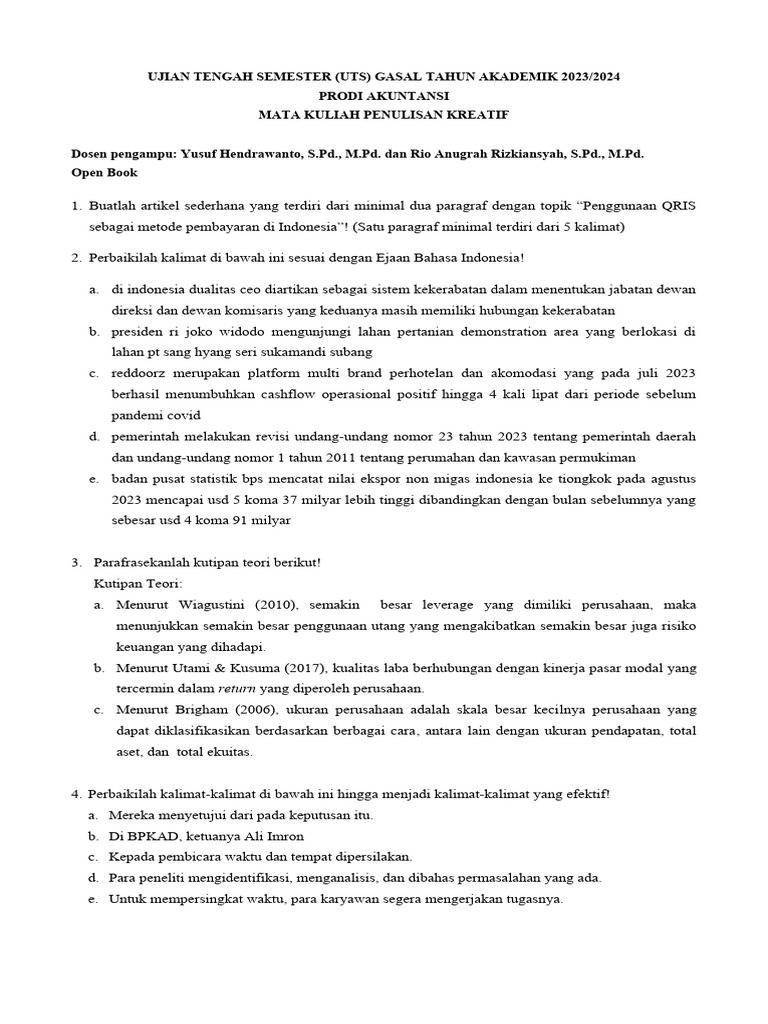 UTS Penulisan Kreatif Akuntansi 2023 | PDF
