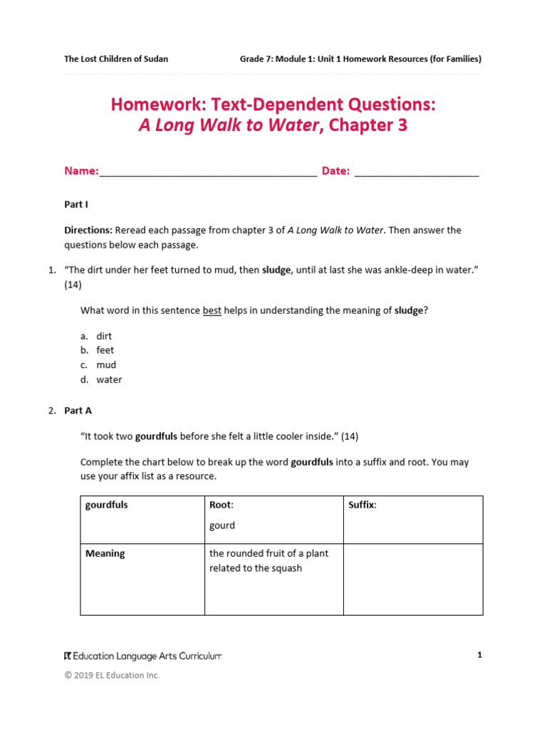 Homework G7M1 Unit 1, Lesson 4, Text-Dependent Questions A Long Walk To ...