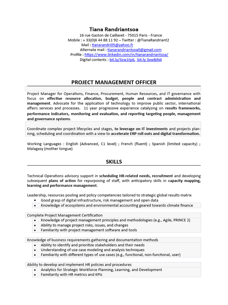 CV Tiana Randriantsoa - Project Management Officer - 11apr2023 | PDF | Project Management ...
