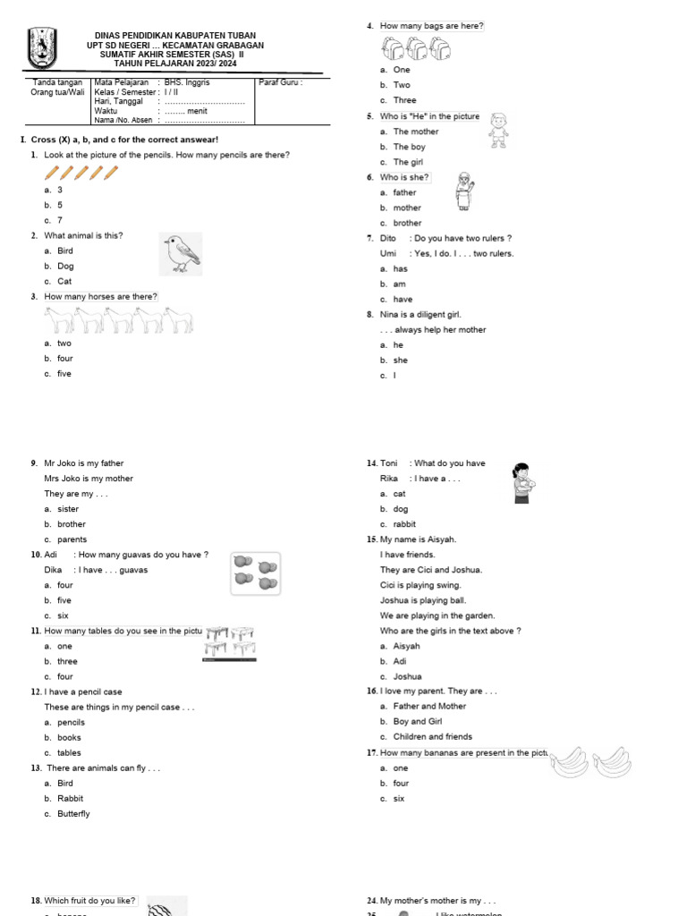 Soal SAS BHS - Inggris Kelas 1 2024 | PDF | Edible Fruits | Fruit