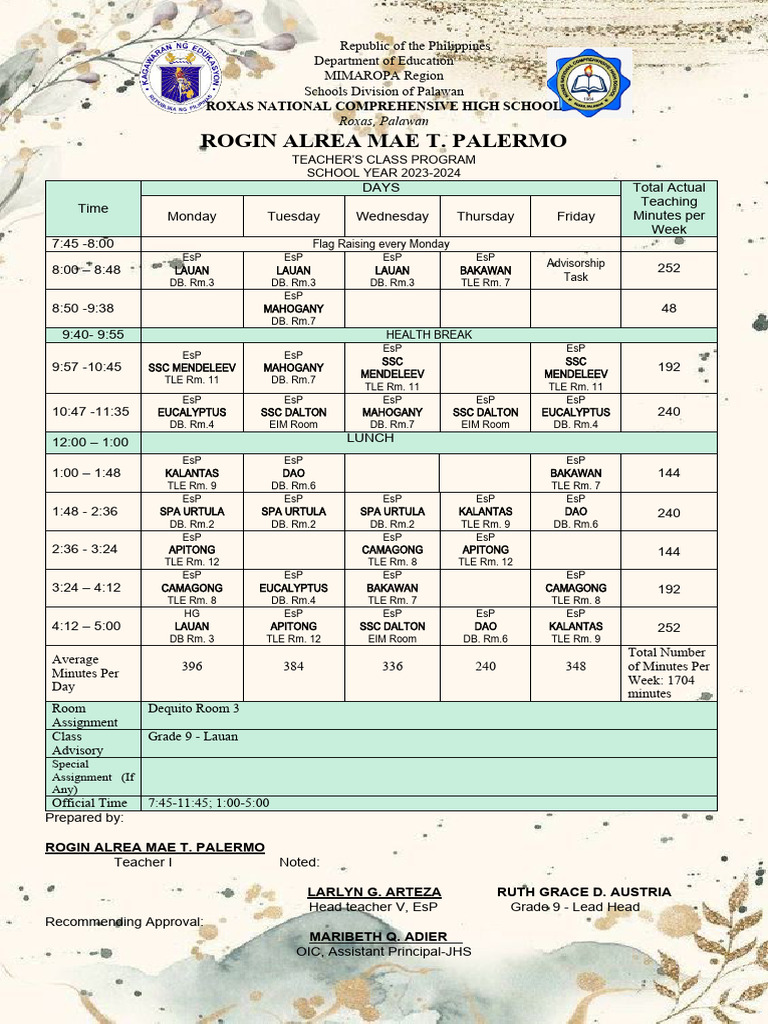 PALERMO Template-for-Revised-Class-Schedule - 090850 | Download Free PDF | Philippines