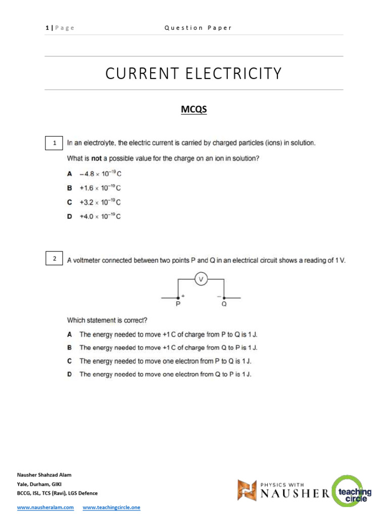 Current Electricity MCQs for Students | PDF | Science & Mathematics