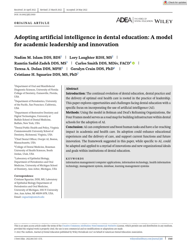 Adopting Artificial Intelligence in Dental Education - A Modelfor Academic Leadership and ...