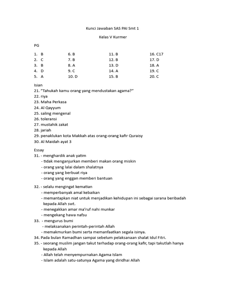 Kunci Jawaban SAS PAI KELAS 5 SMT 1 KURMER | PDF