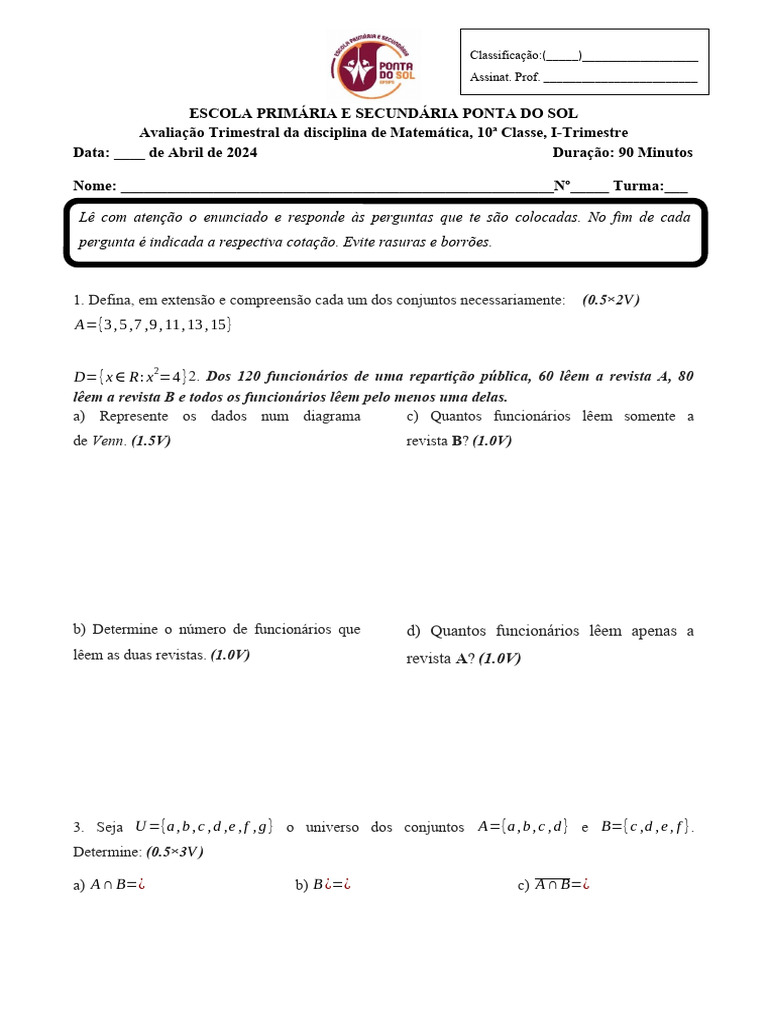 Avaliacao Trimestral de Matematica, 10 Classe | PDF | Equações | Função ...