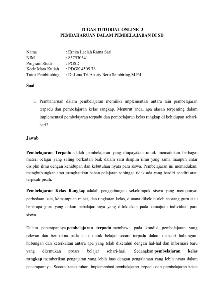Tugas Tutorial Online 3 Pembaharuan Dalam Pembelajaran Di SD | PDF | Karier & Perkembangan ...