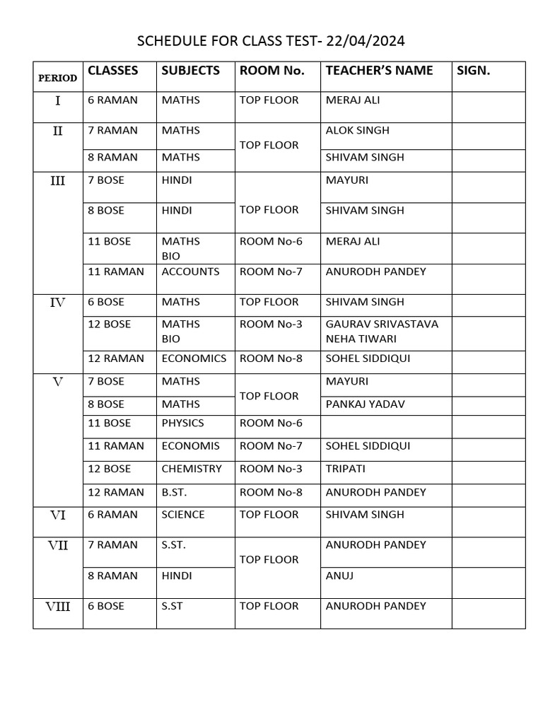 Schedule For Class Test | PDF