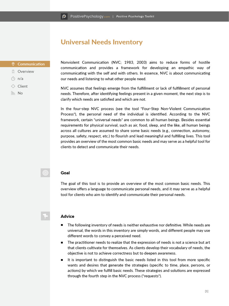Universal Needs Inventory | PDF | Cognitive Science | Liberal Arts ...