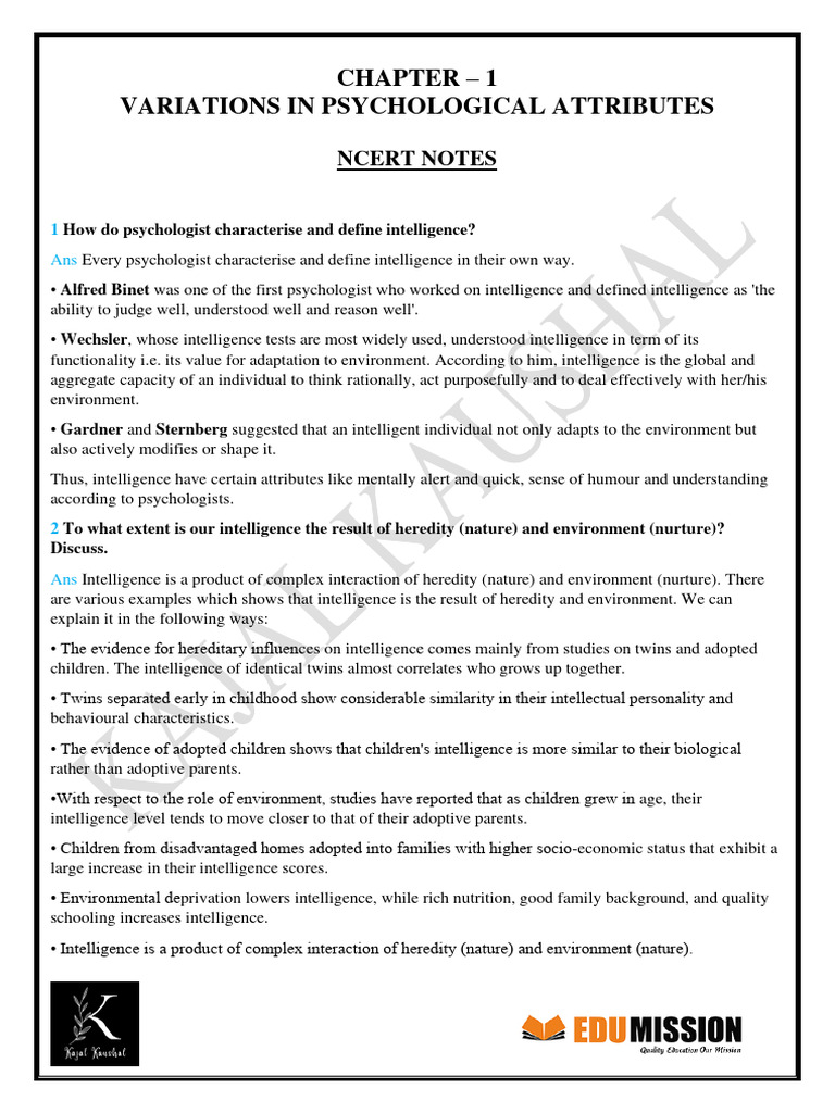 Chapter - 1 Class 12th Ncert Notes | PDF | Emotional Intelligence ...