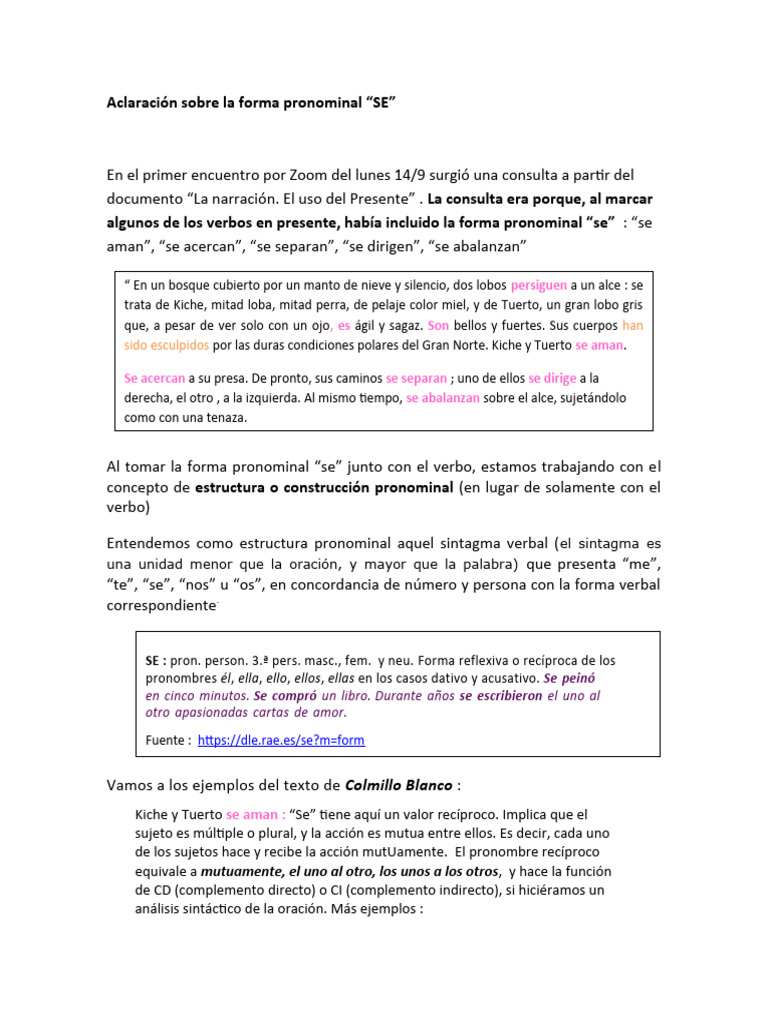 Aclaración Sobre La Forma Pronominal SE | Descargar gratis PDF | Verbo ...