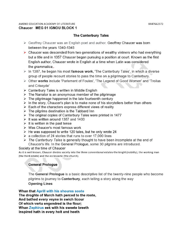 Age of Chaucer and General Prologue Canterbury Tales | PDF