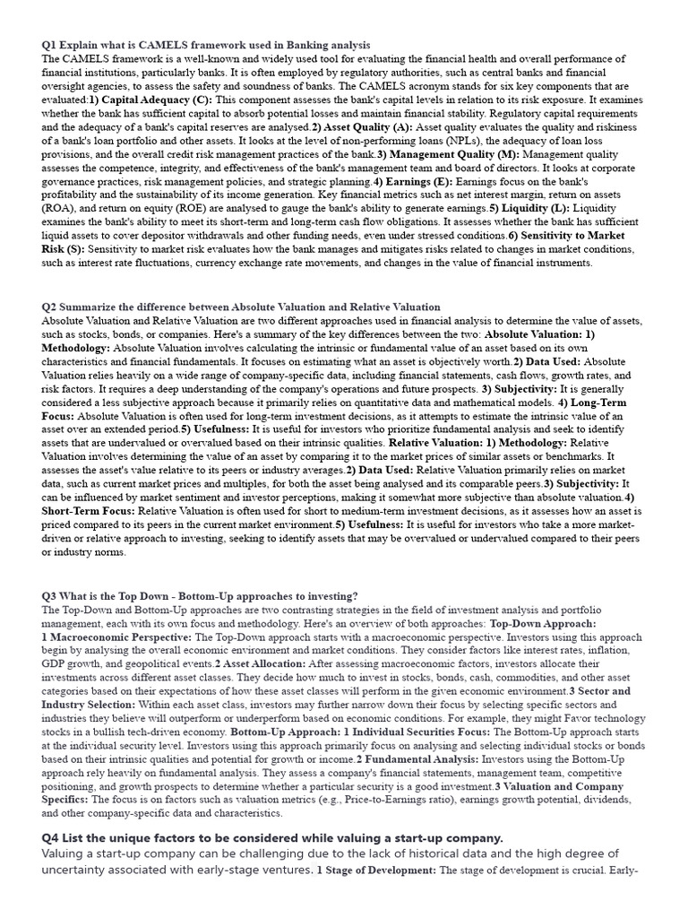 Q1 Explain What Is CAMELS Framework Used in Banking Analysis | PDF ...
