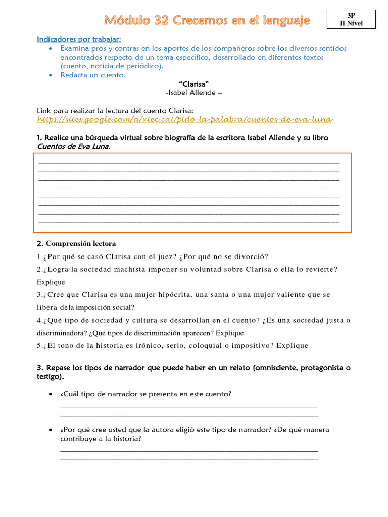 Clarissa - Cuento. Módulo 32 Crecemos en el lenguaje | Descargar gratis PDF | Cuentos