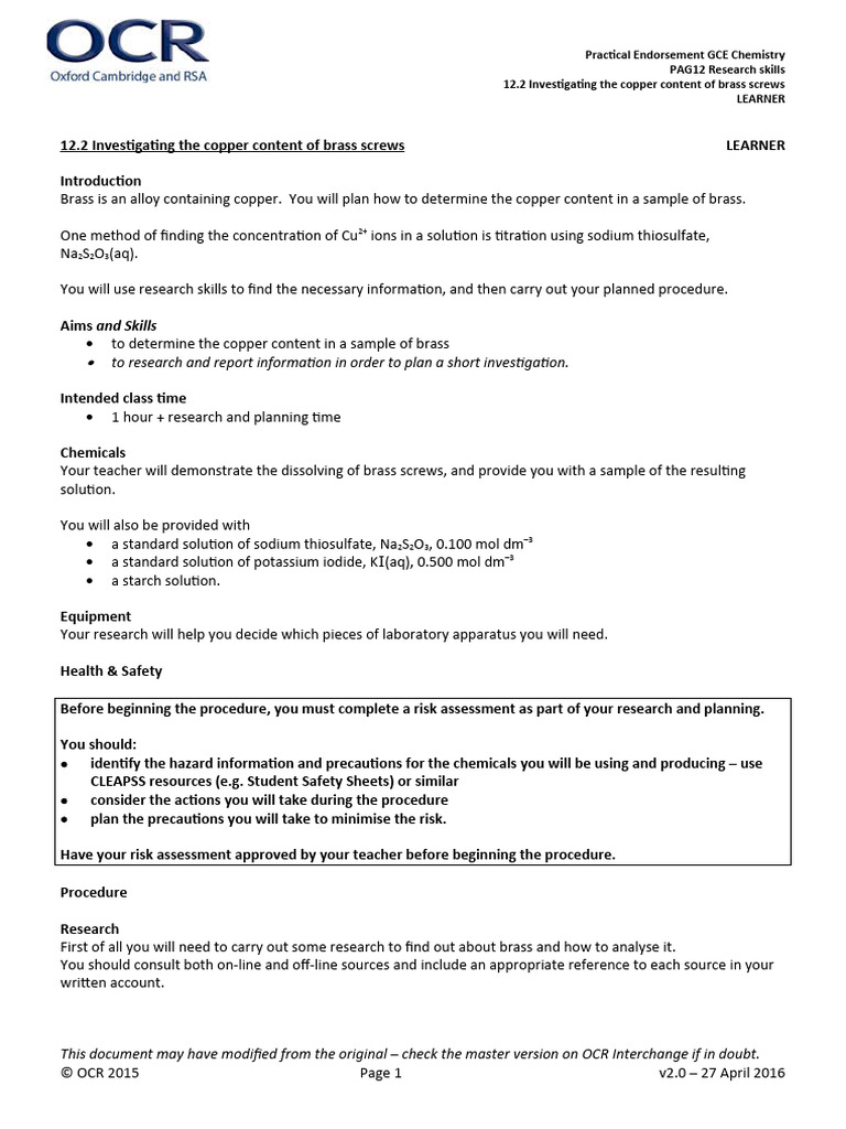 Chemistry PAG 12.2 Student v2.0 | PDF | Titration | Chemistry