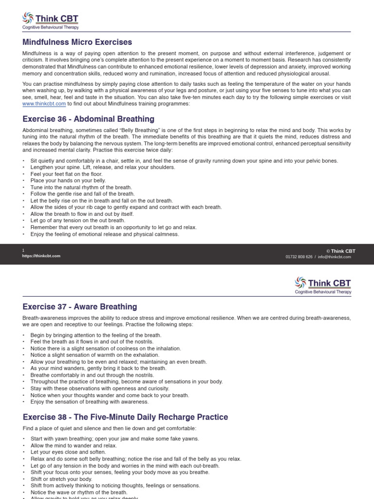 Think CBT Exercises 36-38 Mindfulness Micro Exercises V10 | PDF | Breathing | Mindfulness