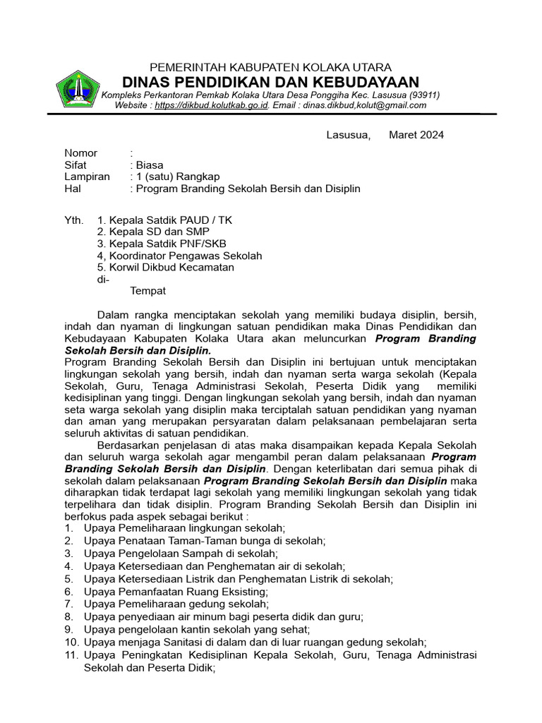 Surat Program Sekolah Bersih Dan Disiplin | PDF | Sains & Matematika