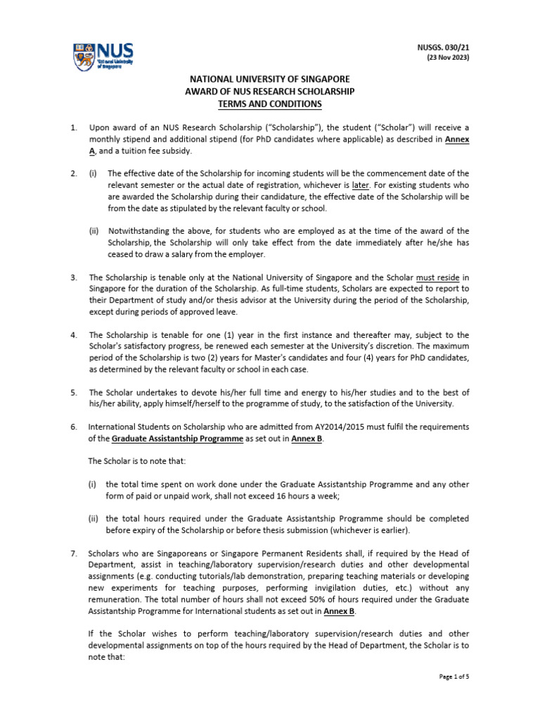 NUS Research Scholarship Terms Condition 2023-11-23 | PDF | Thesis ...